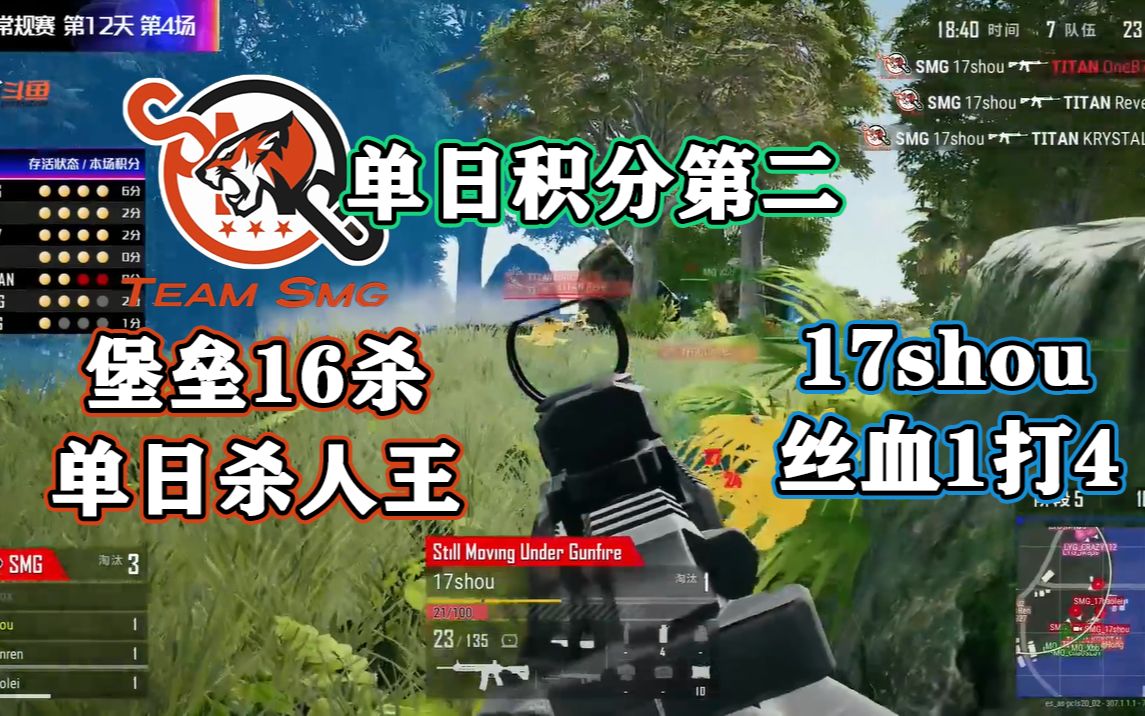 【TEAM SMG】PCL春季赛第12日单日积分第二 17shou丝血1打4 堡垒16杀单日杀人王 大京逆天反杀！！_哔哩哔哩_bilibili