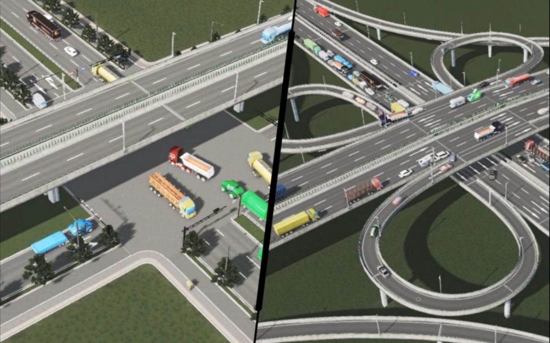 【都市天际线】常见的几种道路交口哪些效率更高？看看城市设计师们是如何解决交通拥堵的_哔哩哔哩 (゜-゜)つロ 干杯~-bilibili