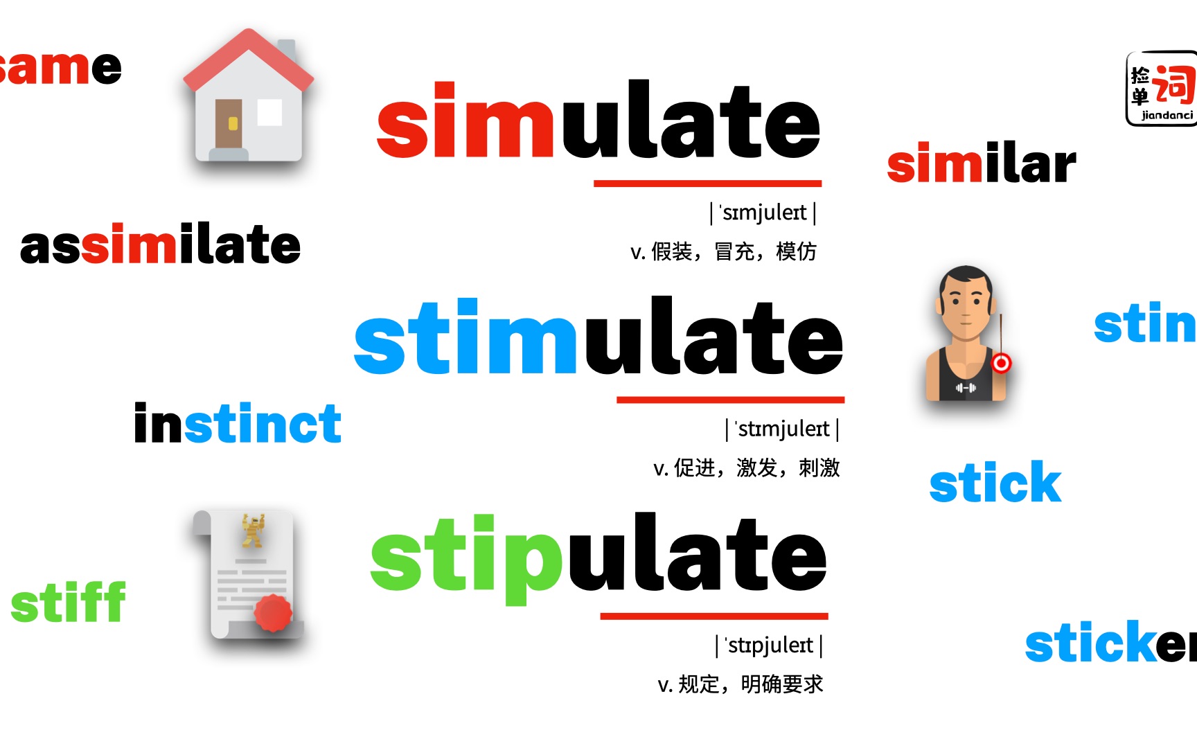 simulate和stimulate，单词少个t意思大不同？本期叫兽帮你搞定这三组“相似词”吧！-捡单词-捡单词-哔哩哔哩视频