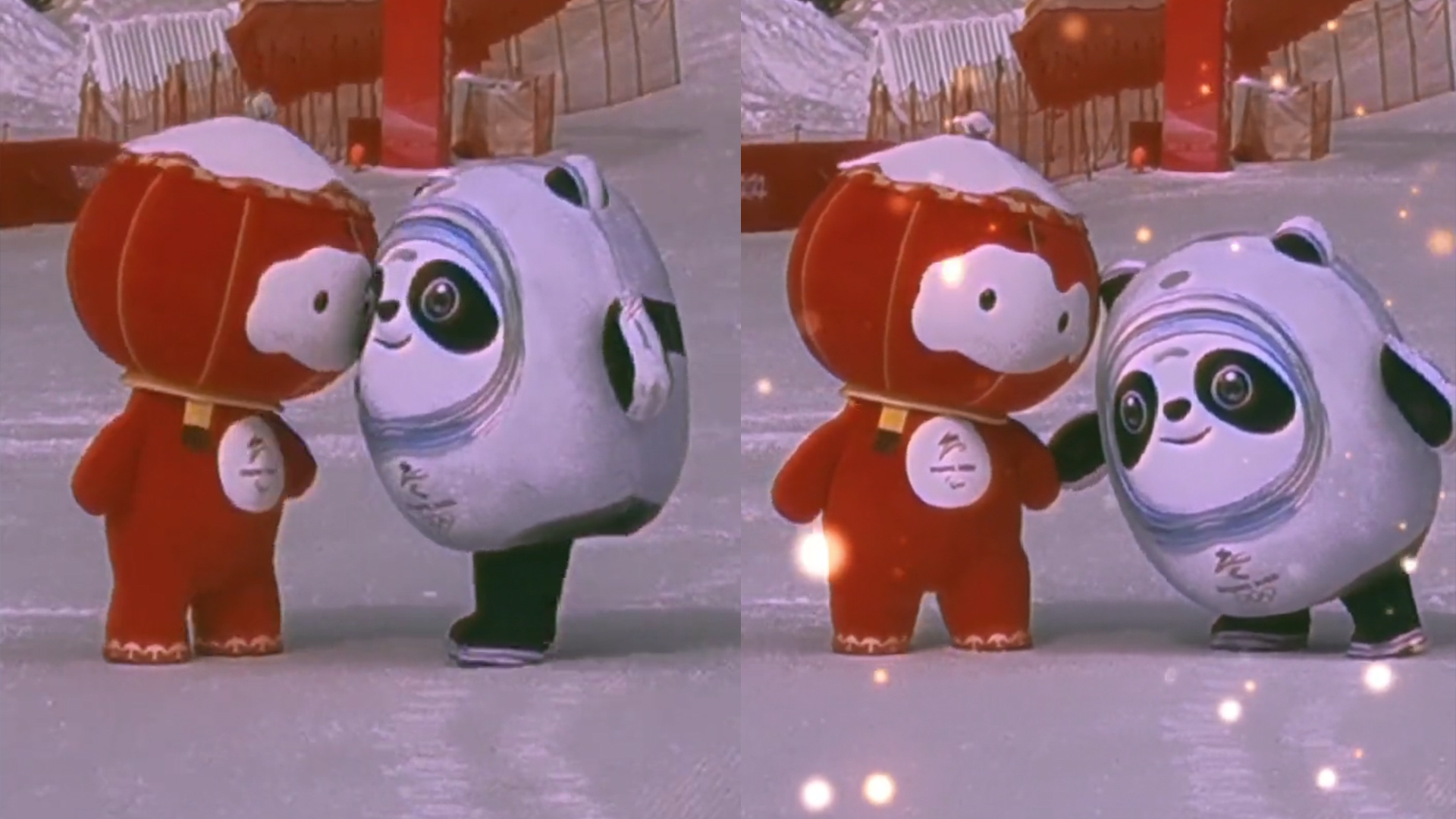 冰墩墩雪容融上演大戏！两小只双向奔赴热情贴贴，画面可爱又温馨_哔哩哔哩_bilibili