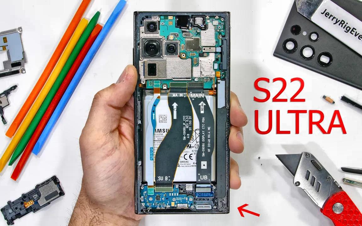 [JerryRigEverything] Galaxy S22 Ultra 拆解 - S-Pen 孔会泄漏吗？_哔哩哔哩_bilibili