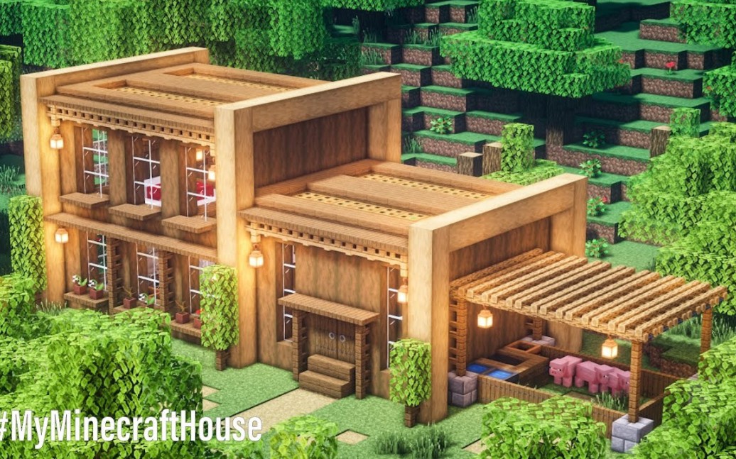 【MC MY HOUSE】minecraft搬运：建造木制生存房屋 - 哔哩哔哩