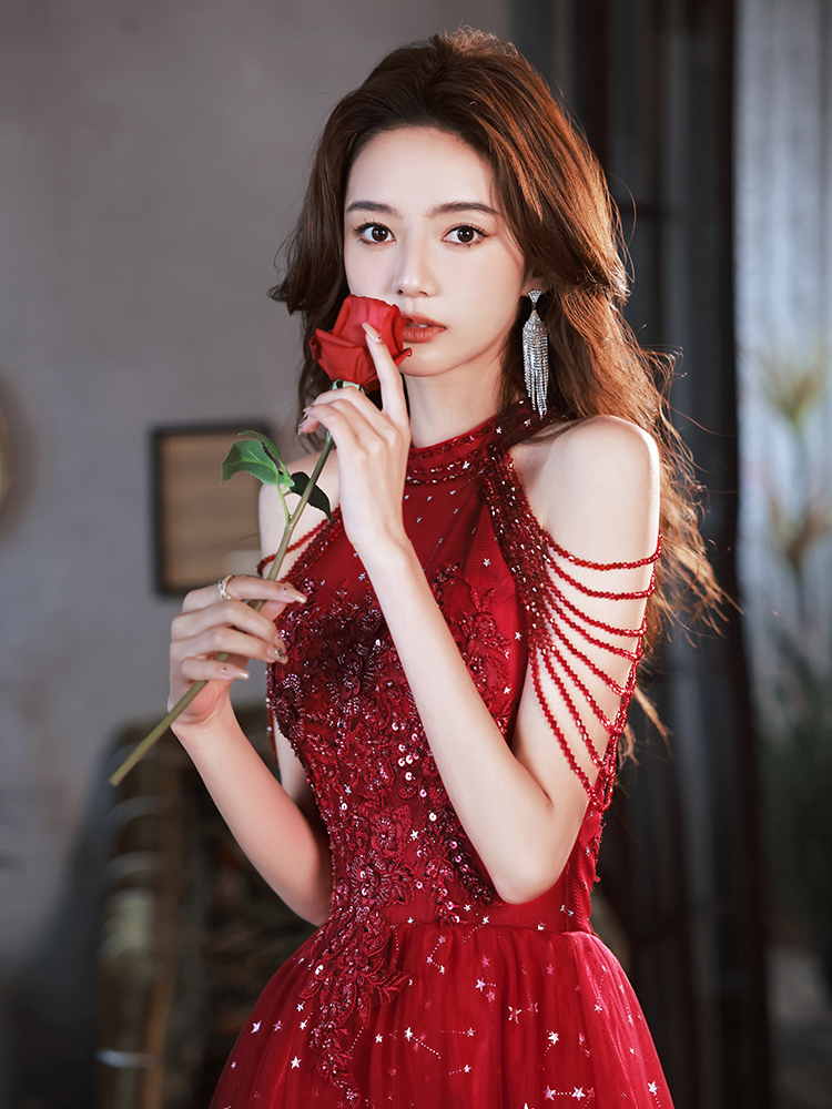 敬酒服新娘小个子法式晚礼服女酒红色结婚便装回门服高端订婚便 哔哩哔哩 