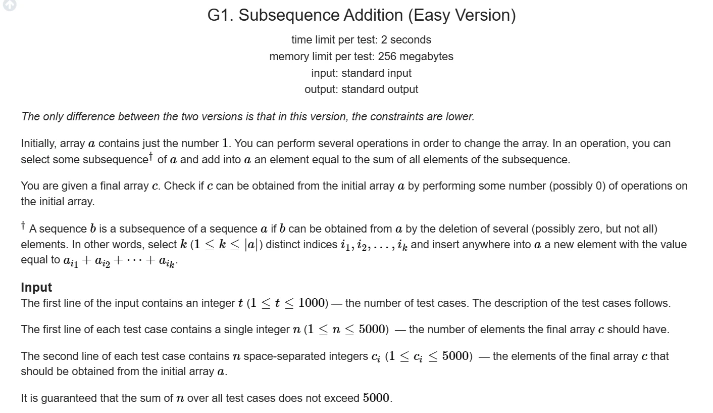 cf Round #859 (Div.4) G1. Subsequence Addition (贪心 + dp) - 哔哩哔哩
