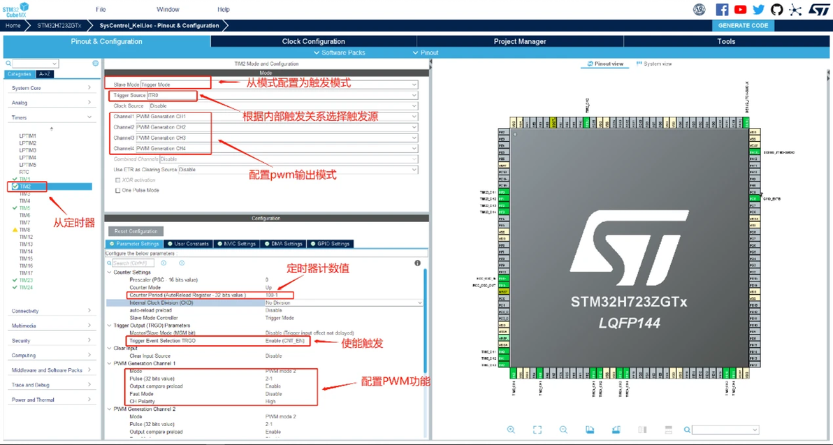 关于高速单片机STM32H7定时器同步启动并输出多路PWM波形的探究 - 哔哩哔哩