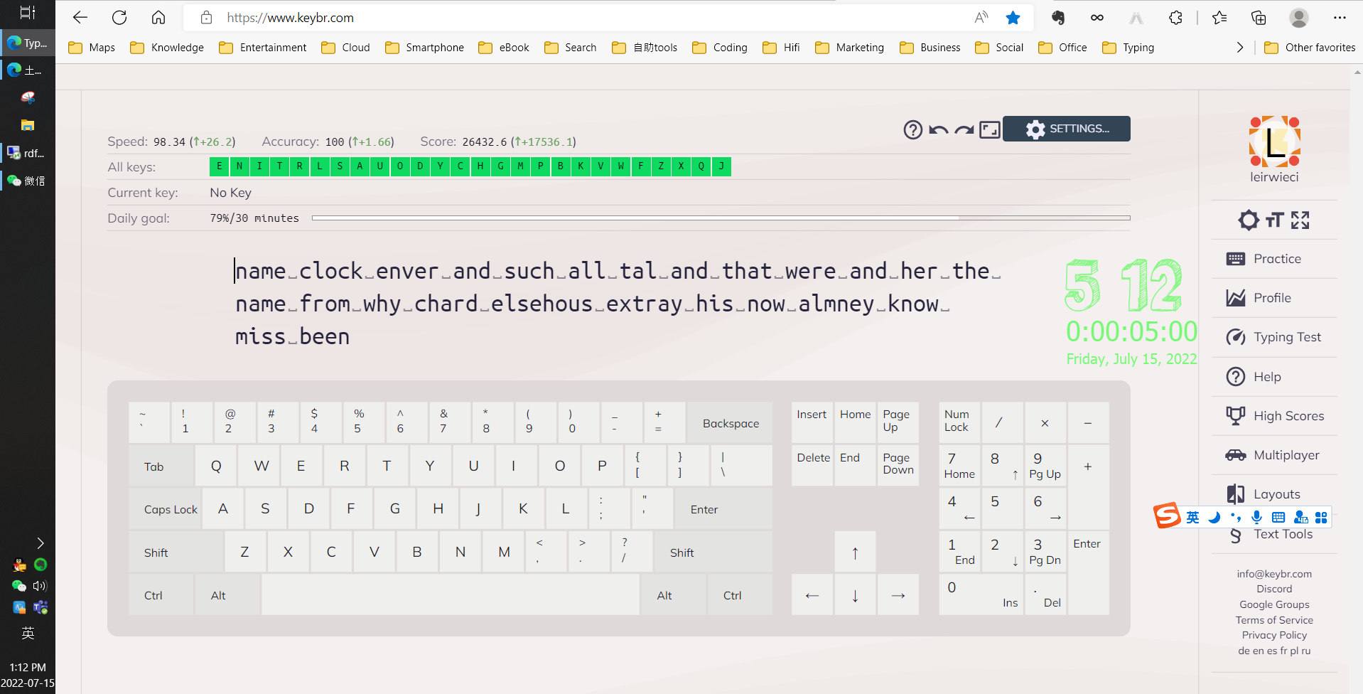 日志：进步一丝 - 英文打字速度记录“零错误98.34WPM” @ www.keybr.com - 哔哩哔哩