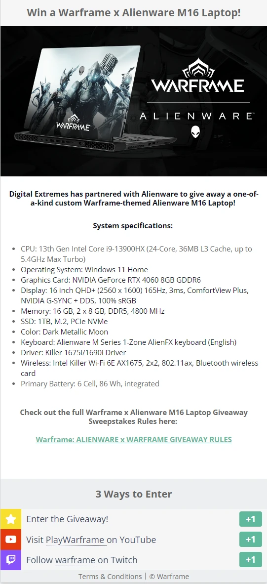 【Warframe】ALIENWARE ARENA 赠礼（兑换码已领完） - 哔哩哔哩