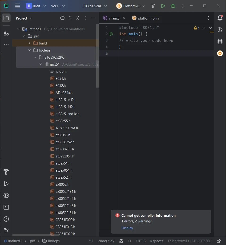 Clion 2024版本 platformio 51单片机 头文件路径加载解决方案 - 哔哩哔哩
