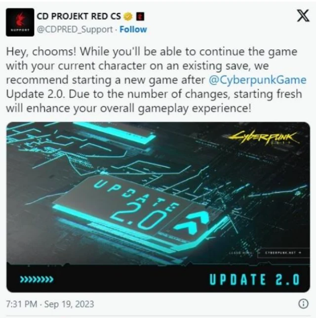 CDPR：强烈建议《赛博朋克2077》2.0更新后开启新存档体验 - 哔哩哔哩