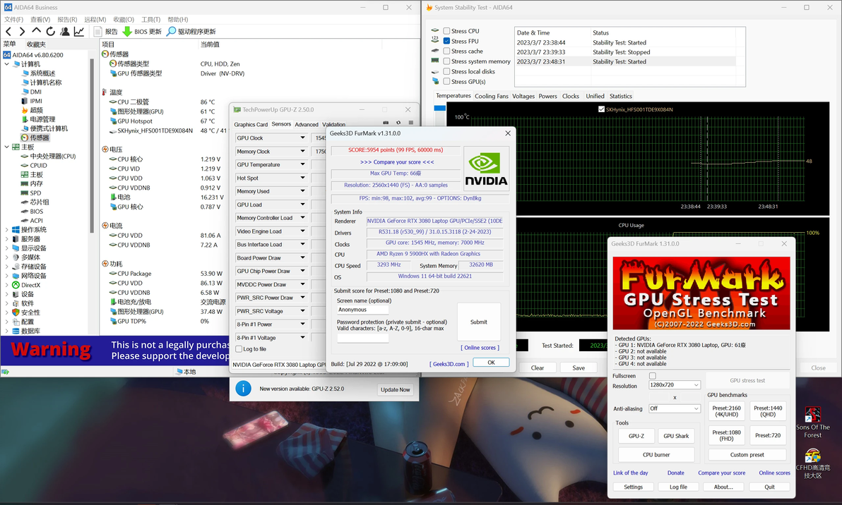 R9000k2021 5900hx+3080烤机表现 - 哔哩哔哩