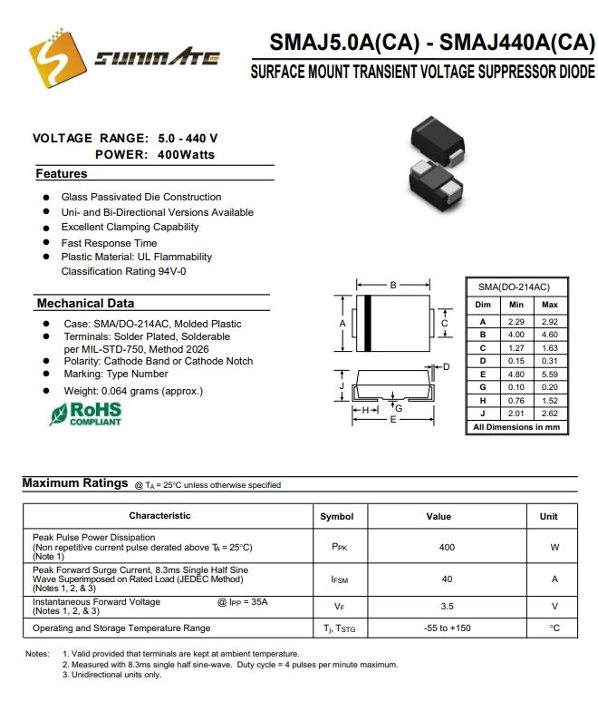 SMAJ5.0CA贴片TVS瞬态抑制二极管参数 - 哔哩哔哩