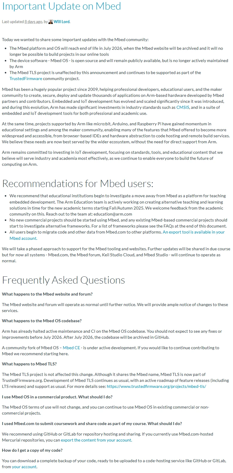 历时10年，Arm发起的Mbed OS宣布落幕，将于2026年7月结束使用 - 哔哩哔哩