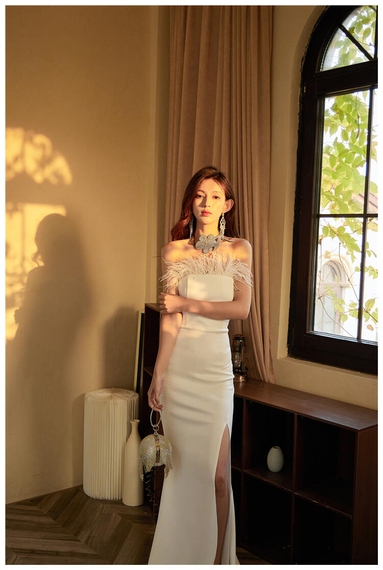 显身材羽毛抹胸鱼尾裙dollytang设计感女神连衣裙一字肩敬酒礼服 - 哔哩哔哩