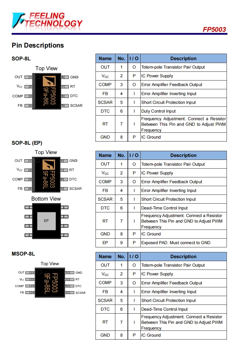 FP5003DR-LF SOP-8L 高频PWM控制器与短路重新启动 - 哔哩哔哩