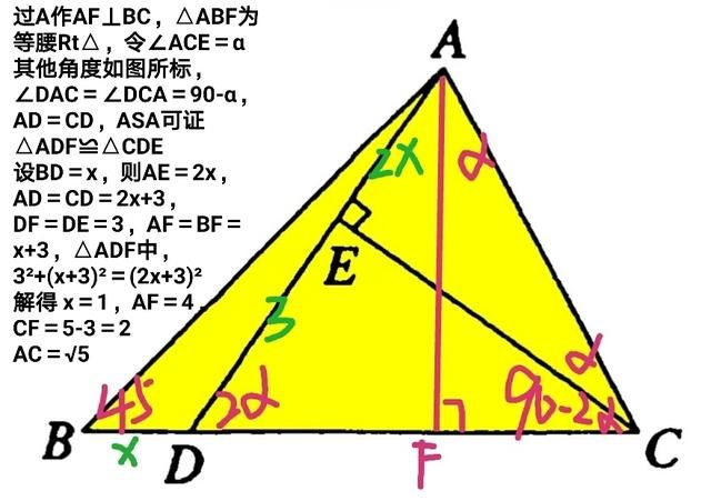 三角形∠ABC=45度，CE⊥AD，∠ADC=2∠ACE，AE=2BD，DE=3，求AC - 哔哩哔哩