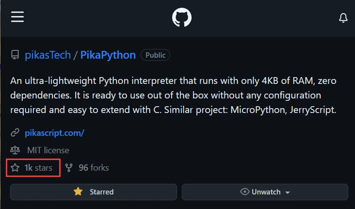 【喜报】PikaPython突破 1000+ Github Star，物联网与边缘AI领域的轻量级Python解释器 - 哔哩哔哩