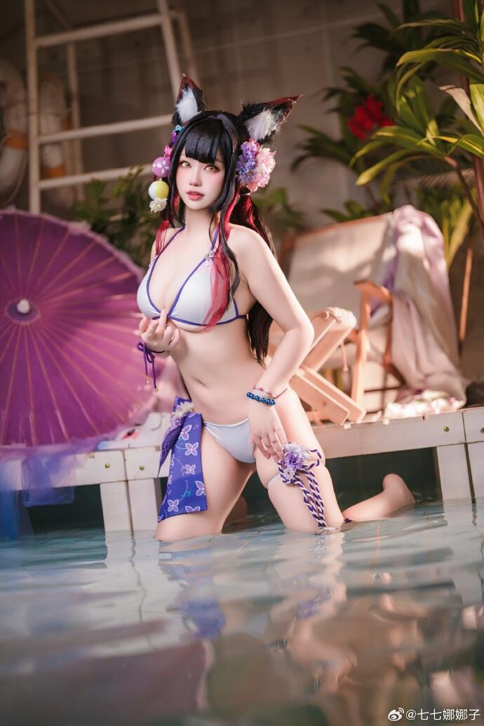 【COS正片】碧蓝档案狐坂若藻泳装水着cos cn七七娜娜子 - 哔哩哔哩