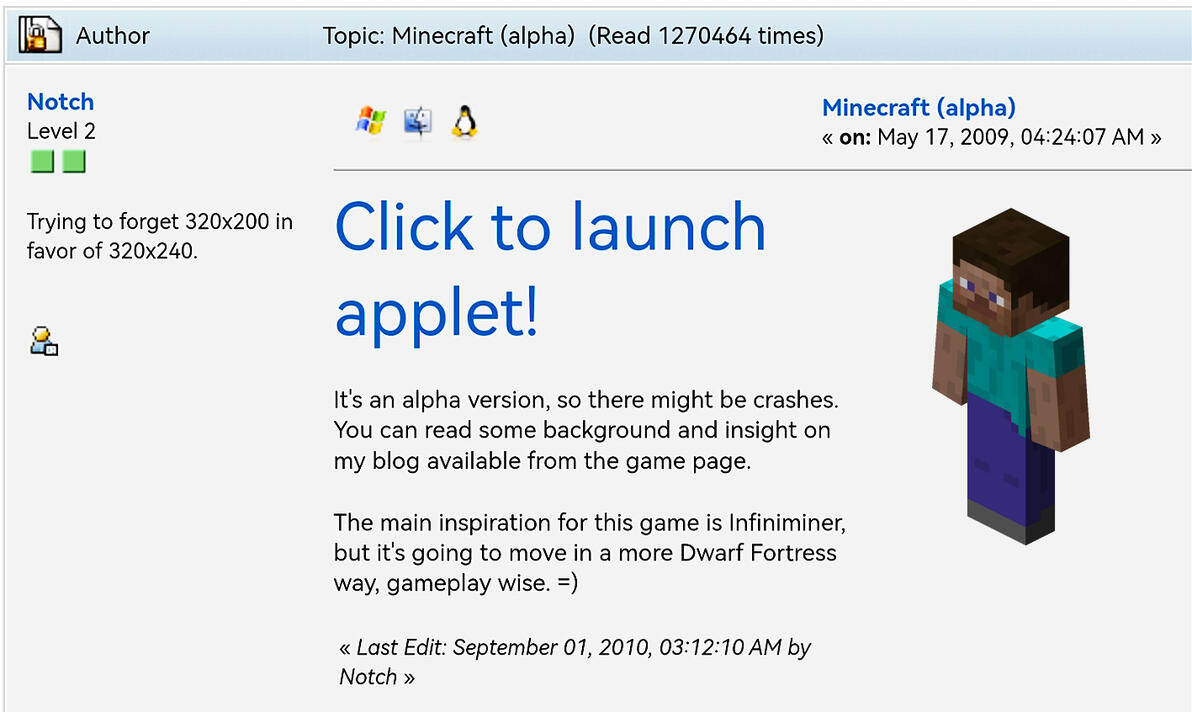 寻觅14年前Notch发的第一个帖子！Minecraft那天是怎样诞生的？ - 哔哩哔哩