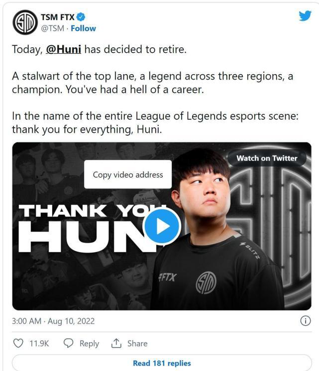 TSM明星上路 Huni告别英雄联盟，正式宣布退休 - 哔哩哔哩