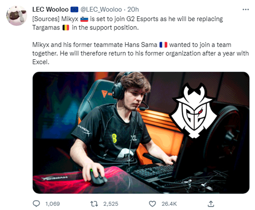 LEC转会期，传Mikyx将重回G2，和HansSama搭档下路组合 - 哔哩哔哩