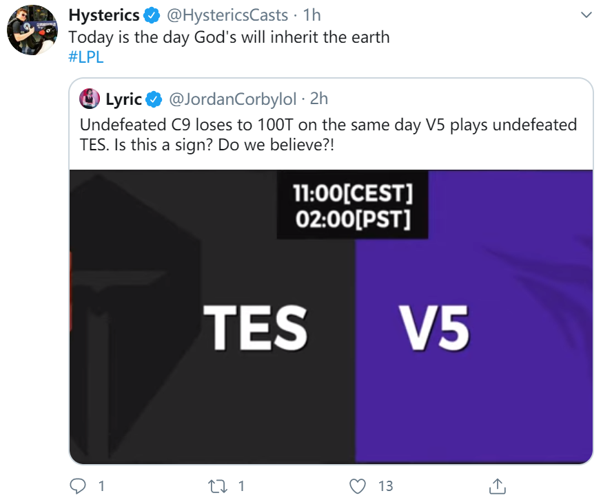 Twitter英文流解说期待TES对阵V5：今晚PPGod将继承地球 - 哔哩哔哩