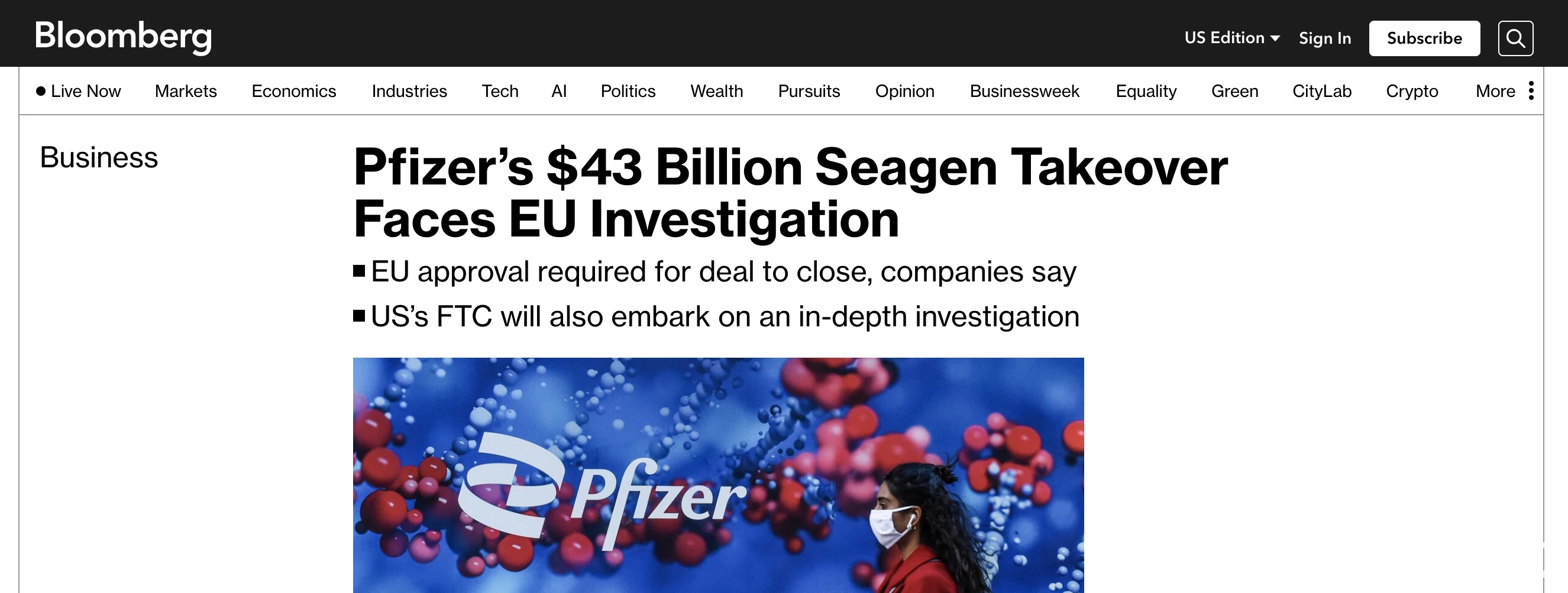 欧盟调查辉瑞以430亿美元收购Seagen的交易 - 哔哩哔哩