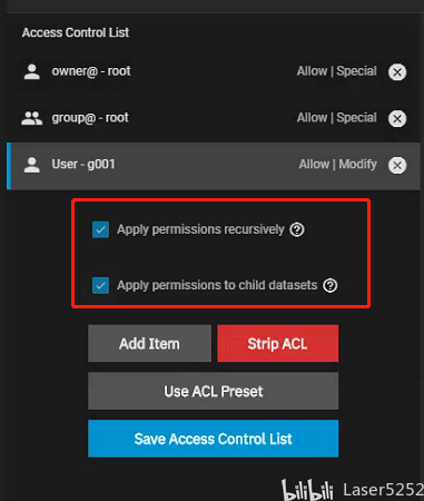 TrueNAS SCALE ACL权限配置中递归应用和应用到子数据集两个选项的区别 - 哔哩哔哩