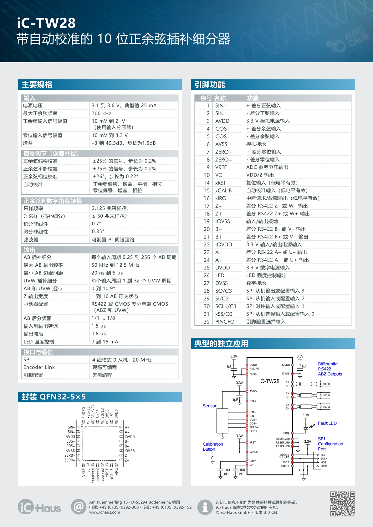 iC-TW28：带自动校准和线驱动器的 10 位低延迟正余弦插补细分器 - 哔哩哔哩