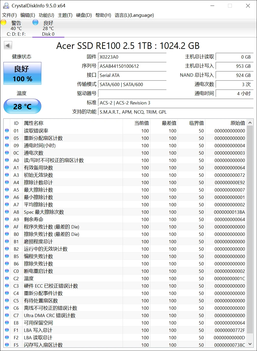 宏碁（acer）RE100-25-1TB SATA3.0 满盘读写速度测试 - 哔哩哔哩