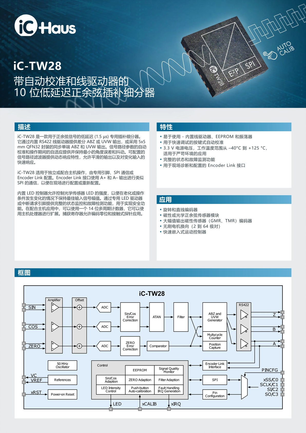 iC-TW28：带自动校准和线驱动器的 10 位低延迟正余弦插补细分器 - 哔哩哔哩