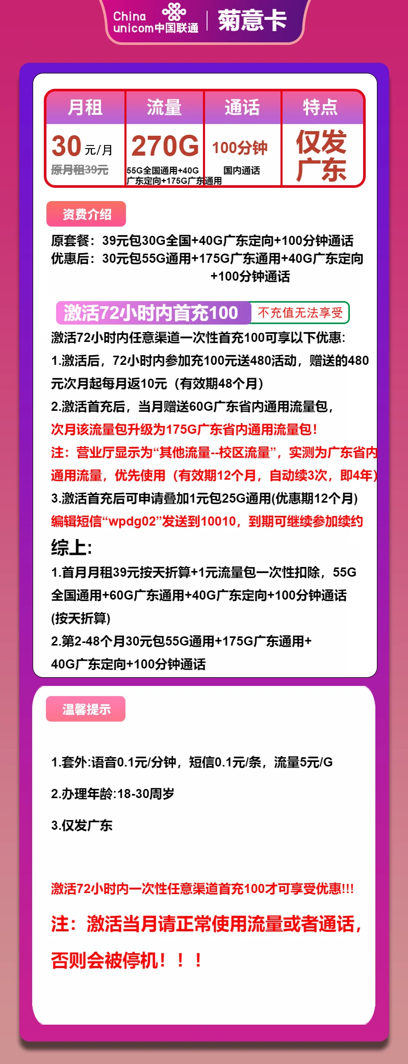 广东270g流量卡，联通菊意卡30元270G+100分钟，只发广东！ - 哔哩哔哩