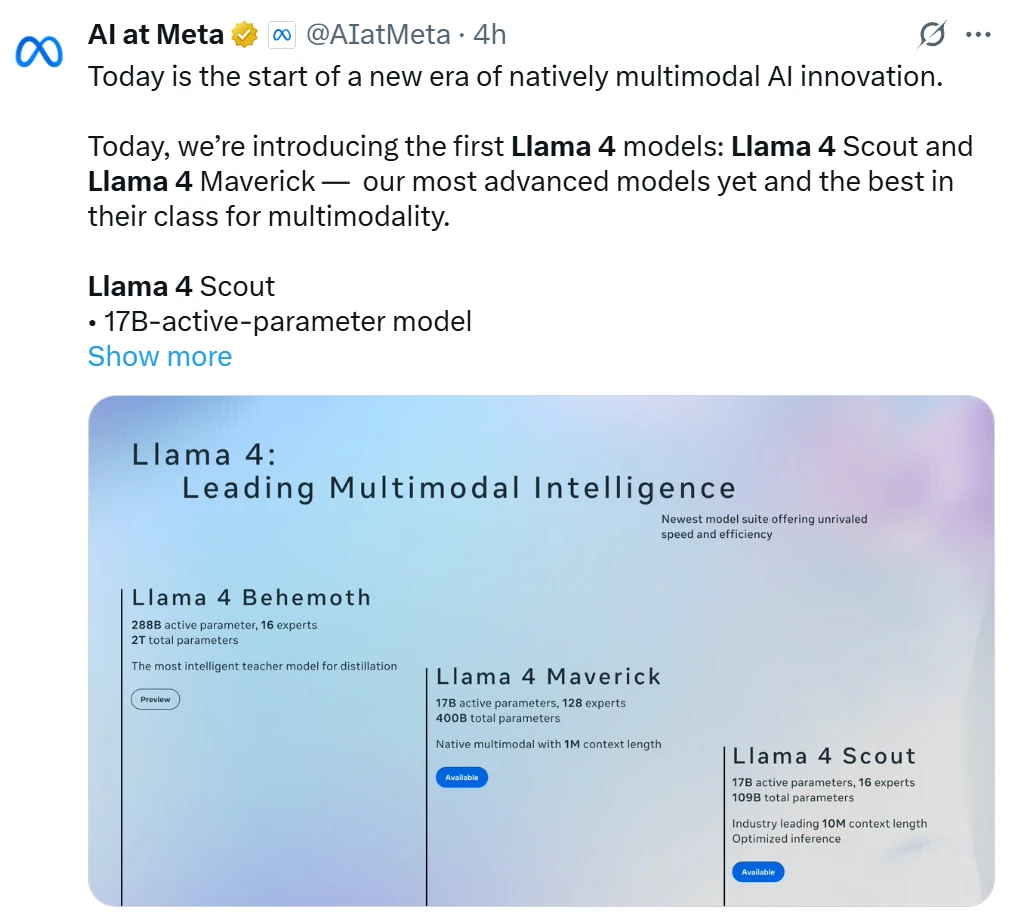 Meta开源Llama4重夺开源王座！首次采用MoE架构的多模态AI模型，性能超DeepSeek！ - 哔哩哔哩