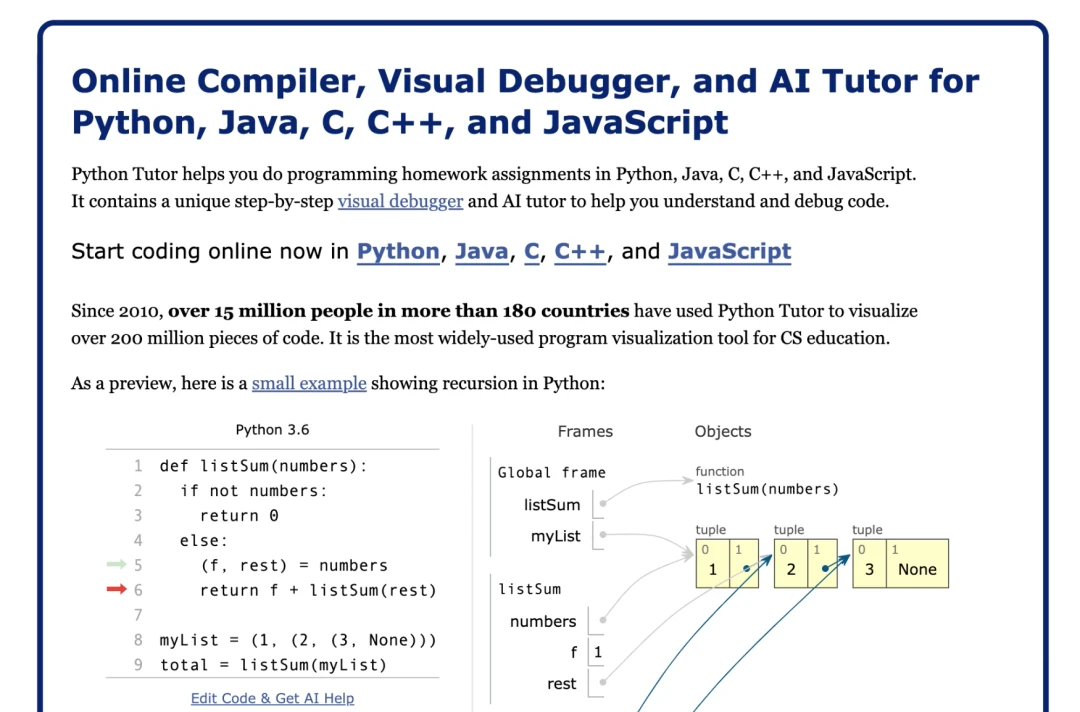 pythontutor：一个能帮你看懂程序的代码可视化工具 - 哔哩哔哩