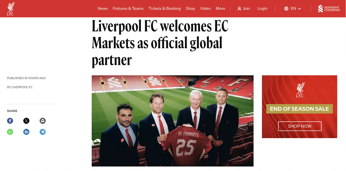 ECMarkets又出大动作了，EC安盈成为利物浦球队全球赞助商 - 哔哩哔哩