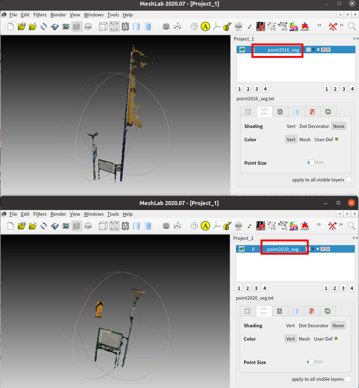 利用Meshlab工具区分两个时相之间的差异（用红色标注变化） - 哔哩哔哩